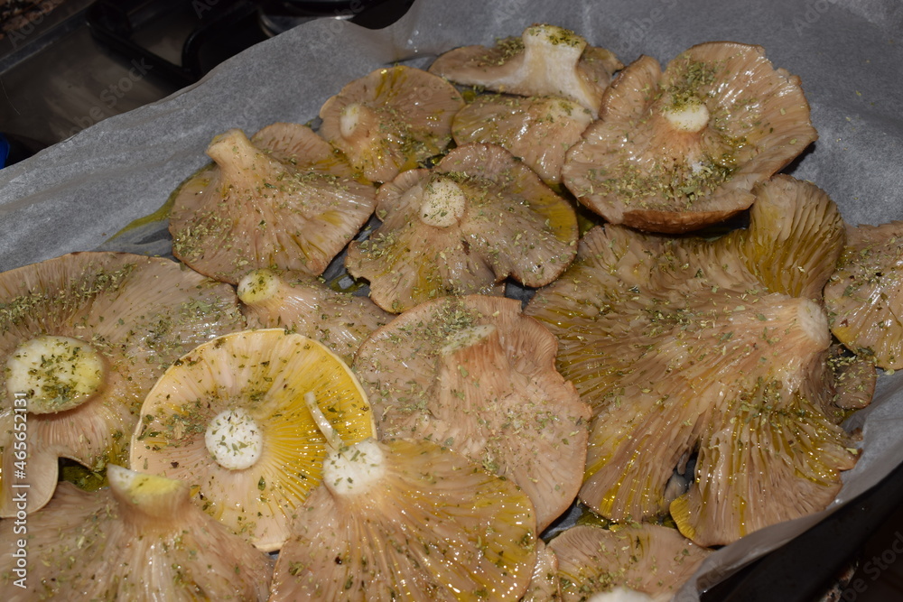 Pan full of king trumpet mushrooms (Pleurotus eryngii) ready to be ...