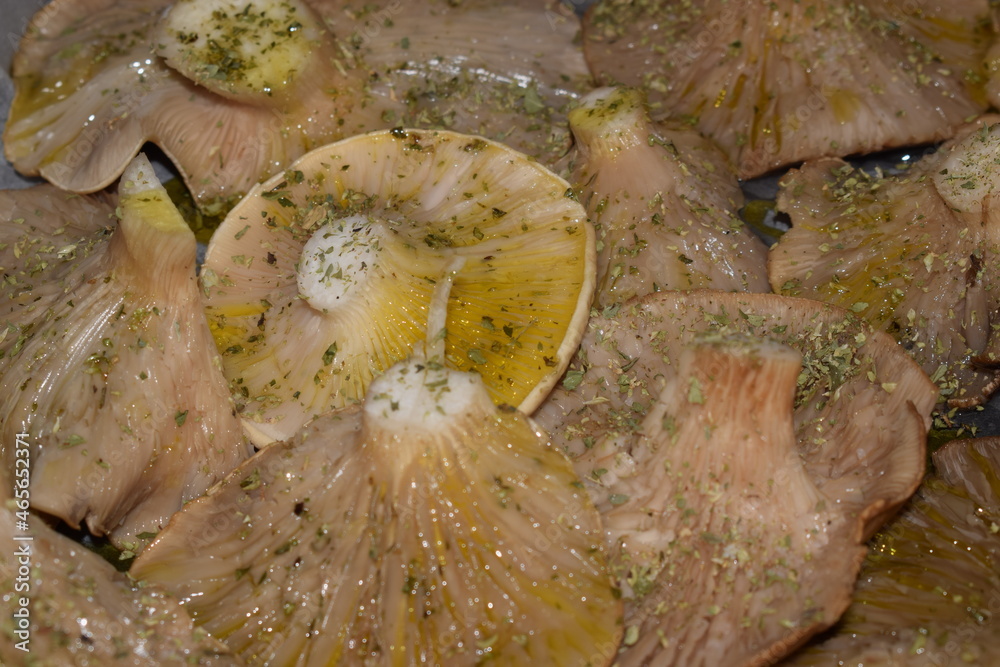 Pan full of king trumpet mushrooms (Pleurotus eryngii) ready to be ...