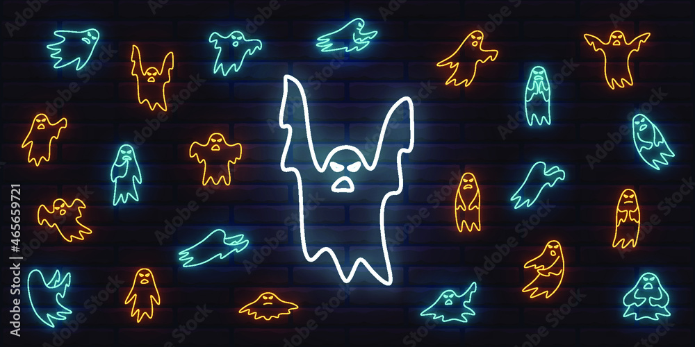 Collection of angry neon ghost images for halloween. Vector set ...