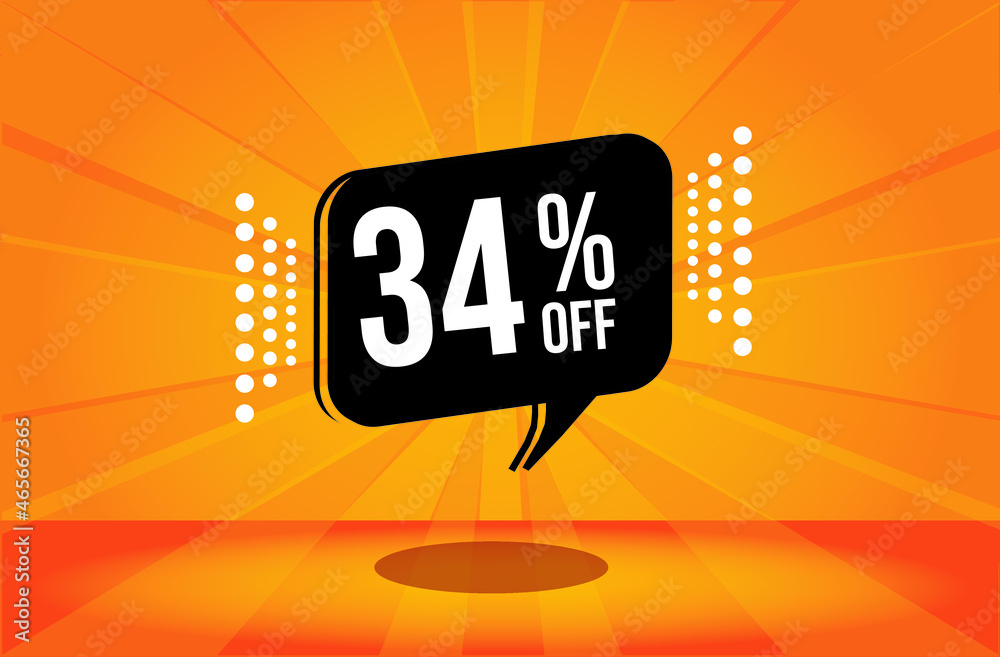 34 percent discount. Orange banner with floating balloon for promotions ...