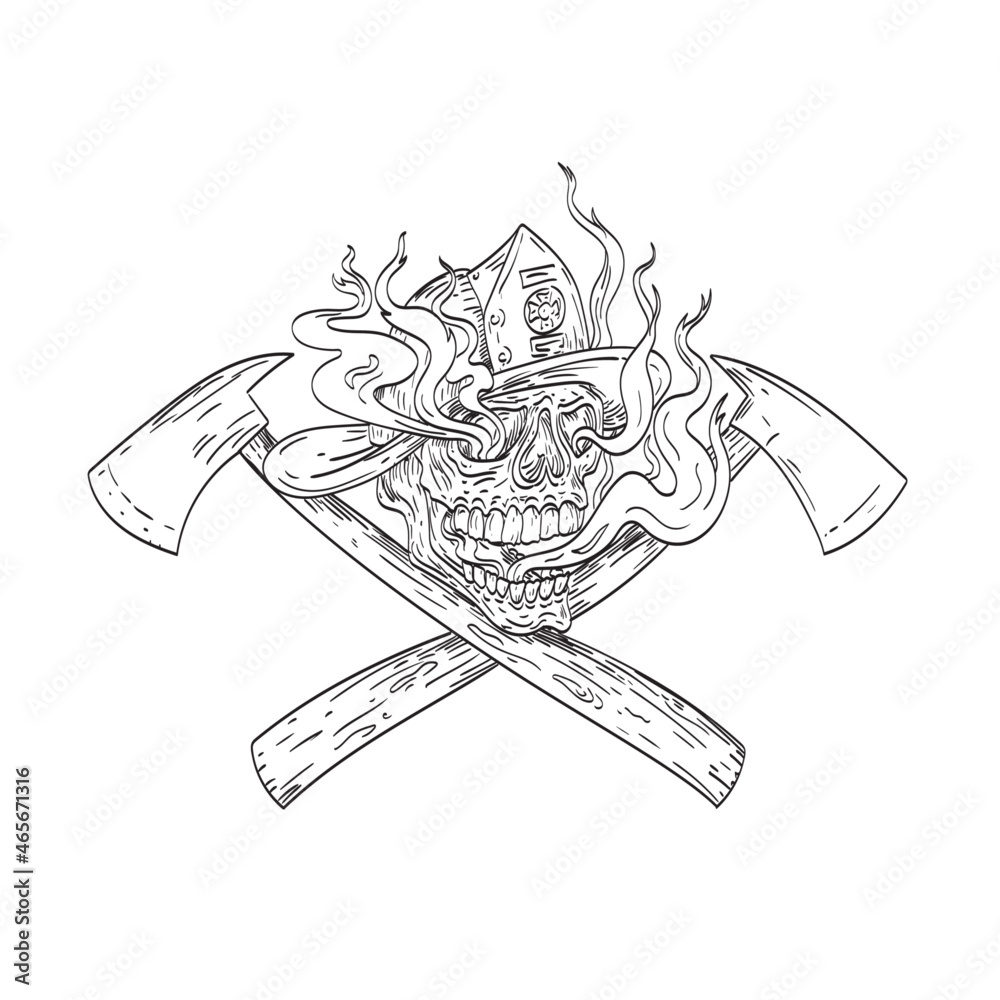 Drawing sketch style illustration of an American fireman skull wearing ...