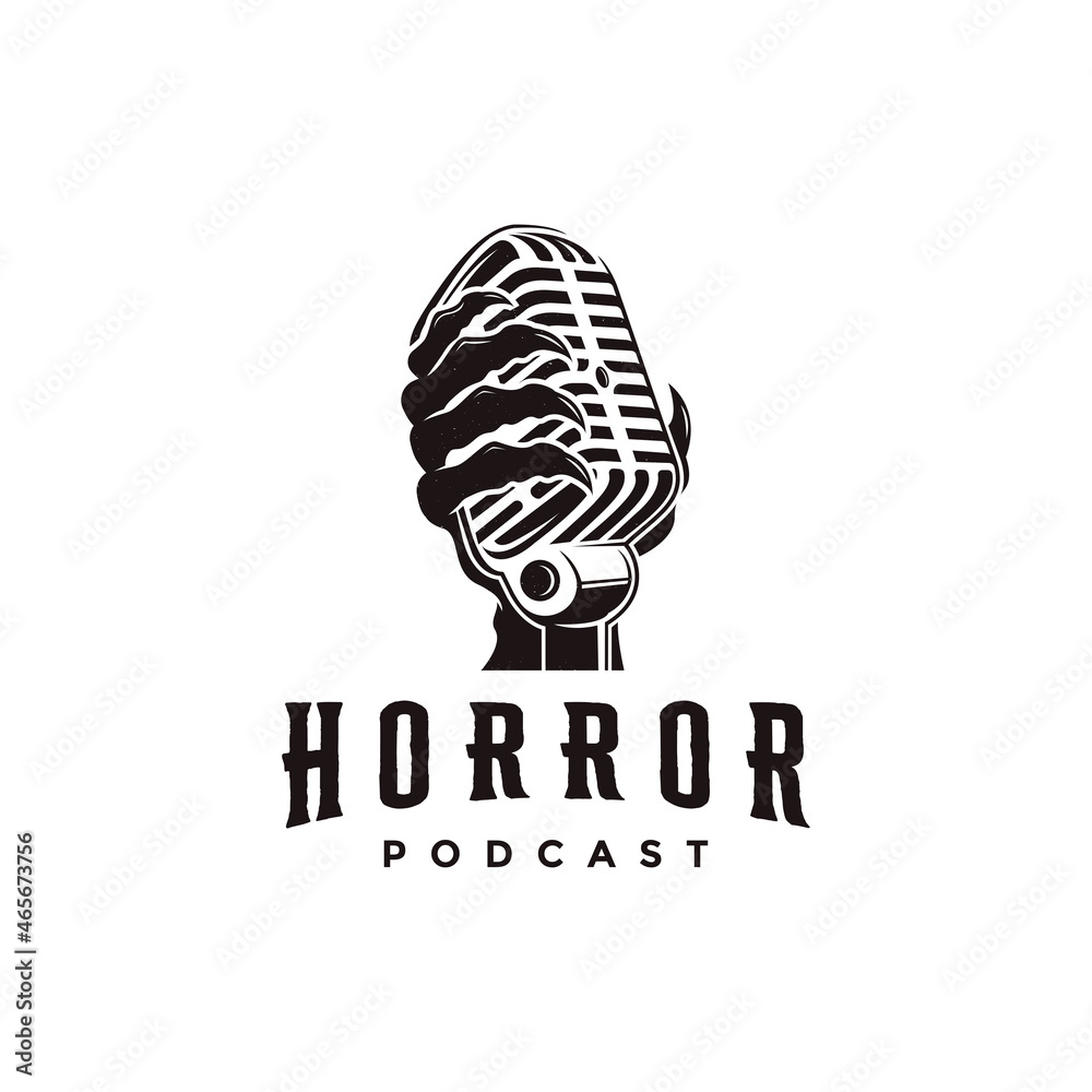 Mystery podcast, Horror podcast logo with microphone and zombie monster ...