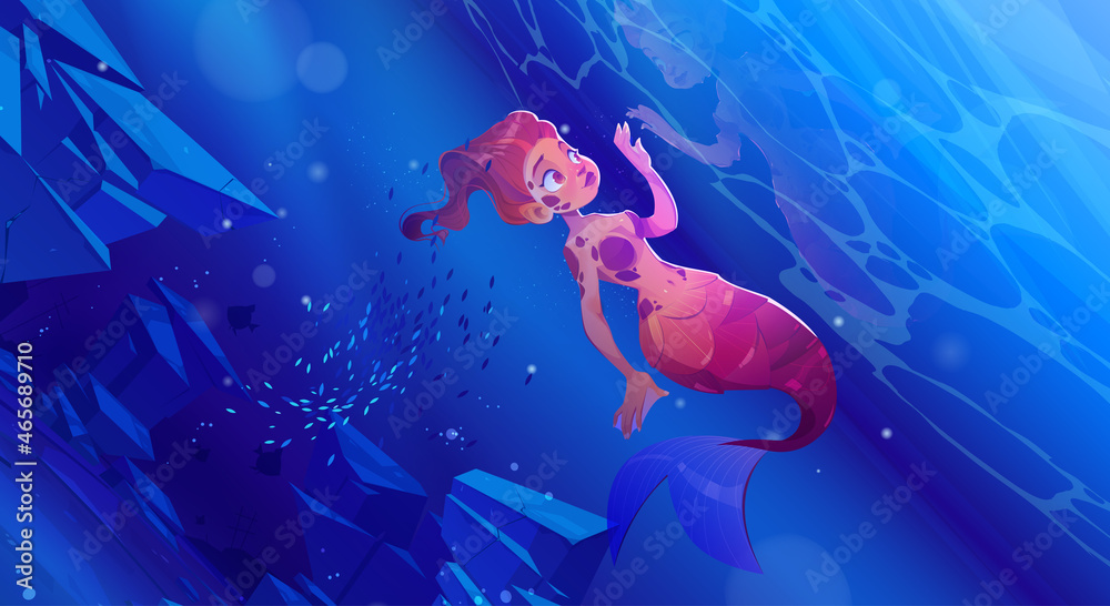 Cute girl mermaid under water in sea. Vector cartoon underwater ...