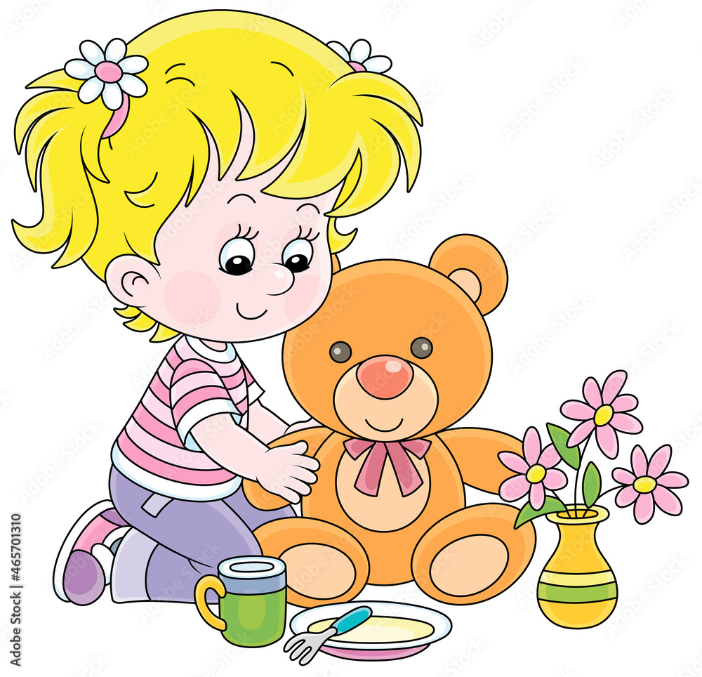 Happy little girl playing with a funny plush teddy bear, vector cartoon ...