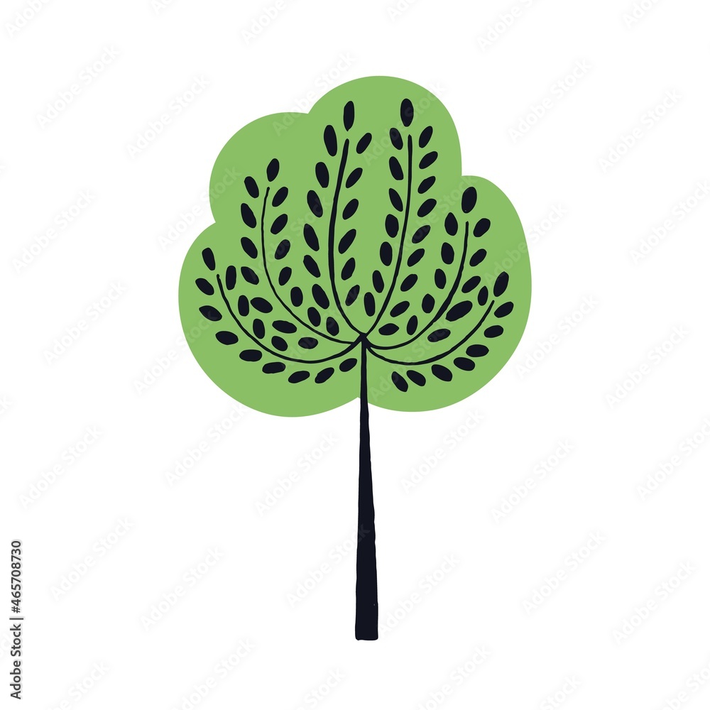 Abstract tree with trunk, branches and leaf in simple doodle style ...