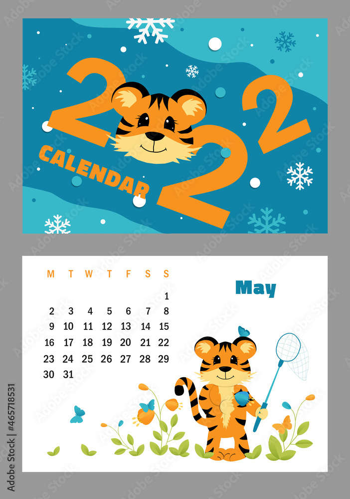 Vector horizontal calendar 2022 with symbol of the year tiger. Cute ...