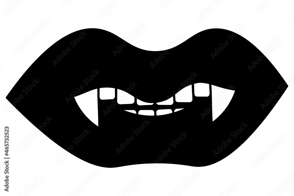 Vampire mouth. Silhouette. Dangerous lips. Sharp white fangs shine. The ...