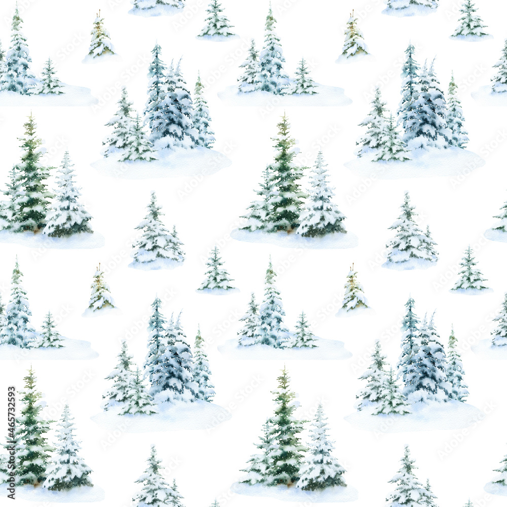 Seamless pattern with snow-covered trees in a forest hand drawn in ...