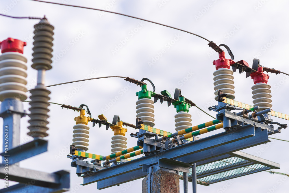 High voltage circuit electric breaker in a power substation.Closeup of ...