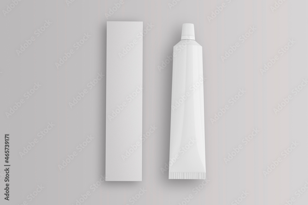 Empty blank white toothpaste tube mock up with box isolated on a grey ...