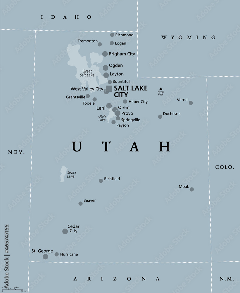 Utah, UT, gray political map, with capital Salt Lake City. State in the ...