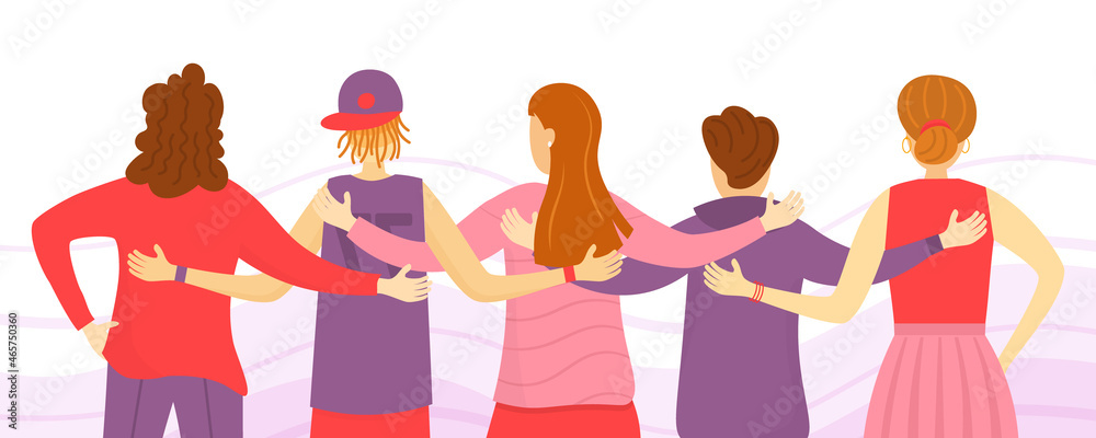 Team hug. Group of happy characters people standing together embracing ...