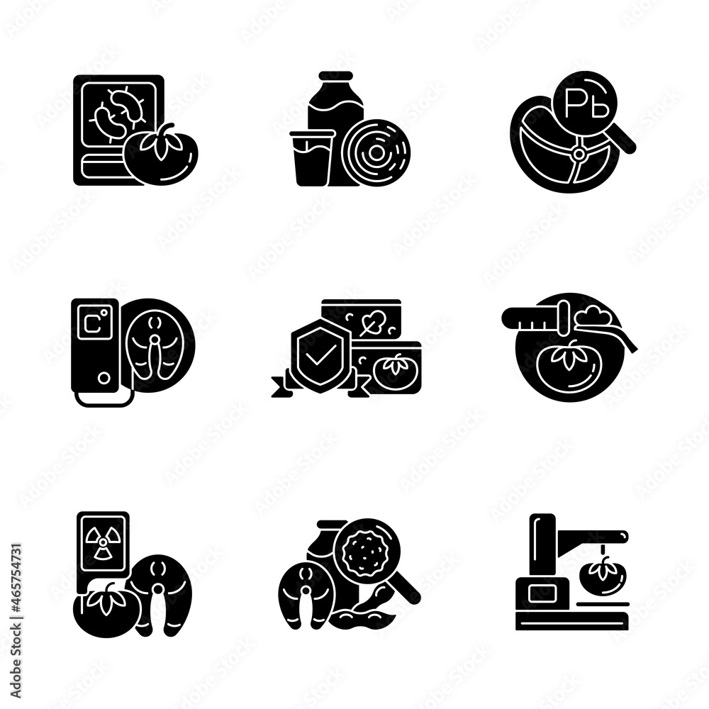 Food analysis black glyph icons set on white space. Biological and ...