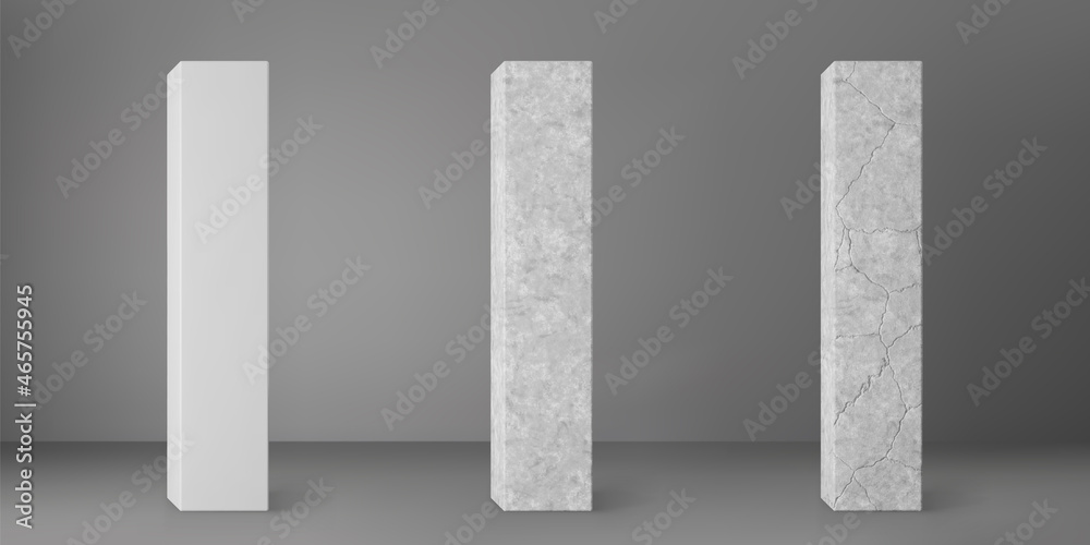 Concrete square columns set with cracks isolated on grey background ...