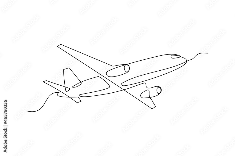 Continuous line drawing of flying airplane. Single one line art of jet ...