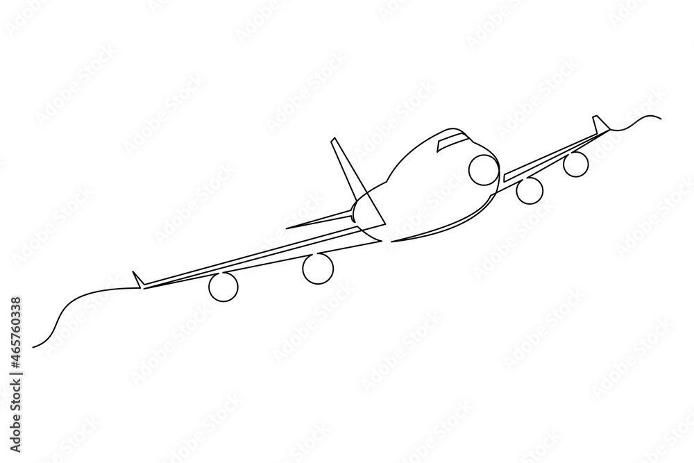 Continuous line drawing of flying airplane. Single one line art of jet ...