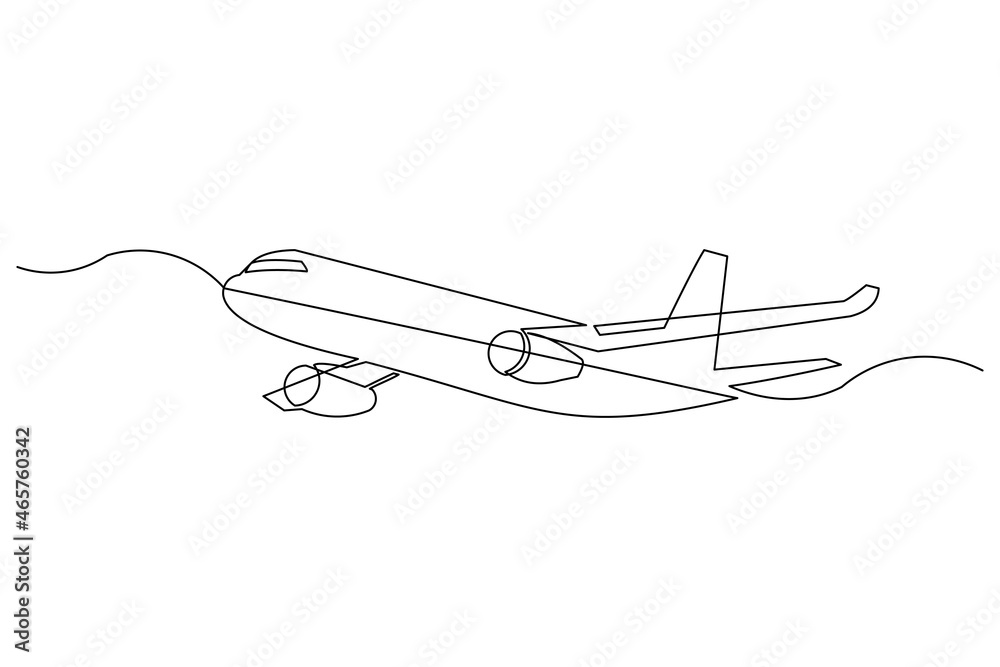 Continuous line drawing of flying airplane. Single one line art of jet ...