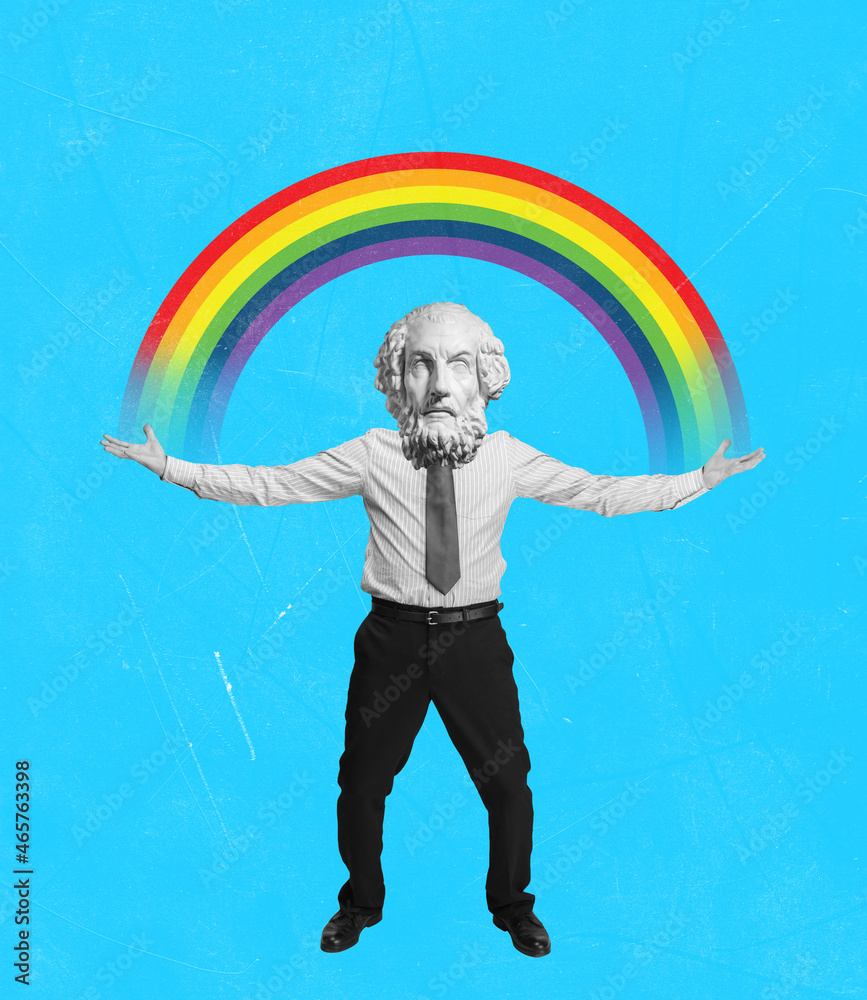 Contemporary art collage of man in official suit with antique statue ...