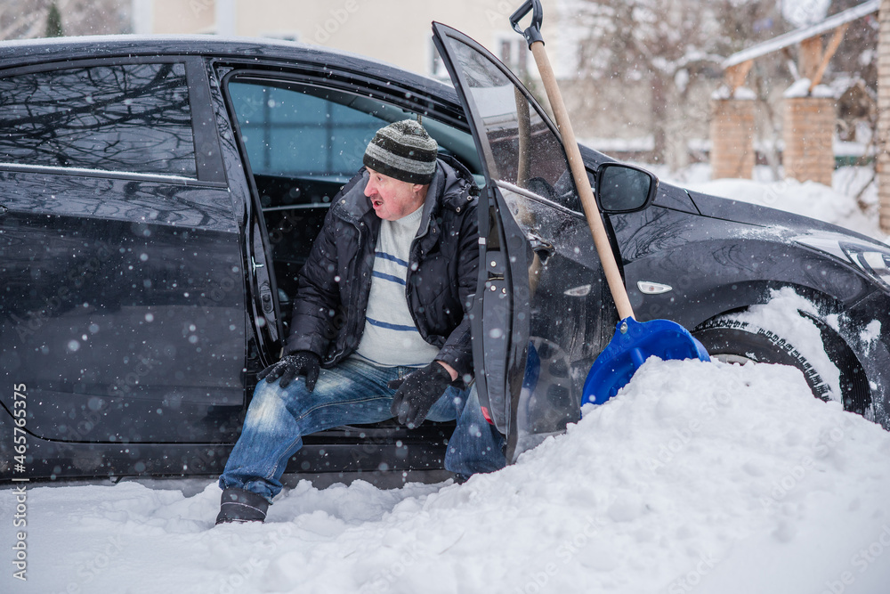 Winter, people and car problem concept. Man stuck in the snow. Mutual ...