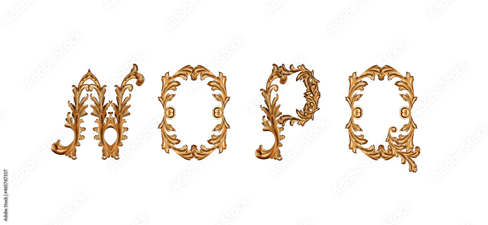 vintage drawing baroque font, golden alphabet letters. N, O, P, Q Stock ...