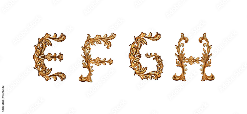 vintage drawing baroque font, golden alphabet letters. E, F, G, H Stock ...