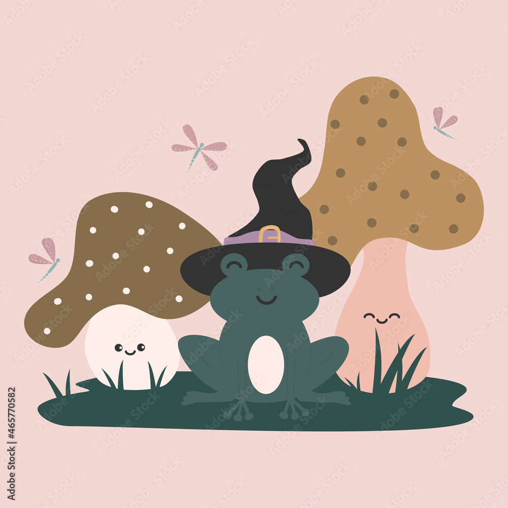 cute cartoon character wizard green frog with mushrooms funny vector ...