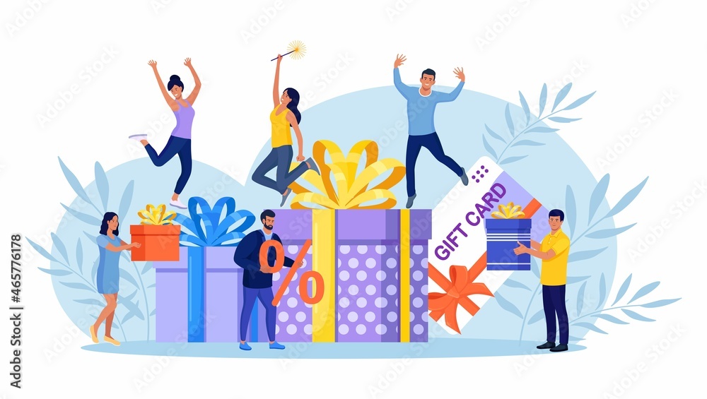 Online reward. People receive gift box. Internet retail customers with ...