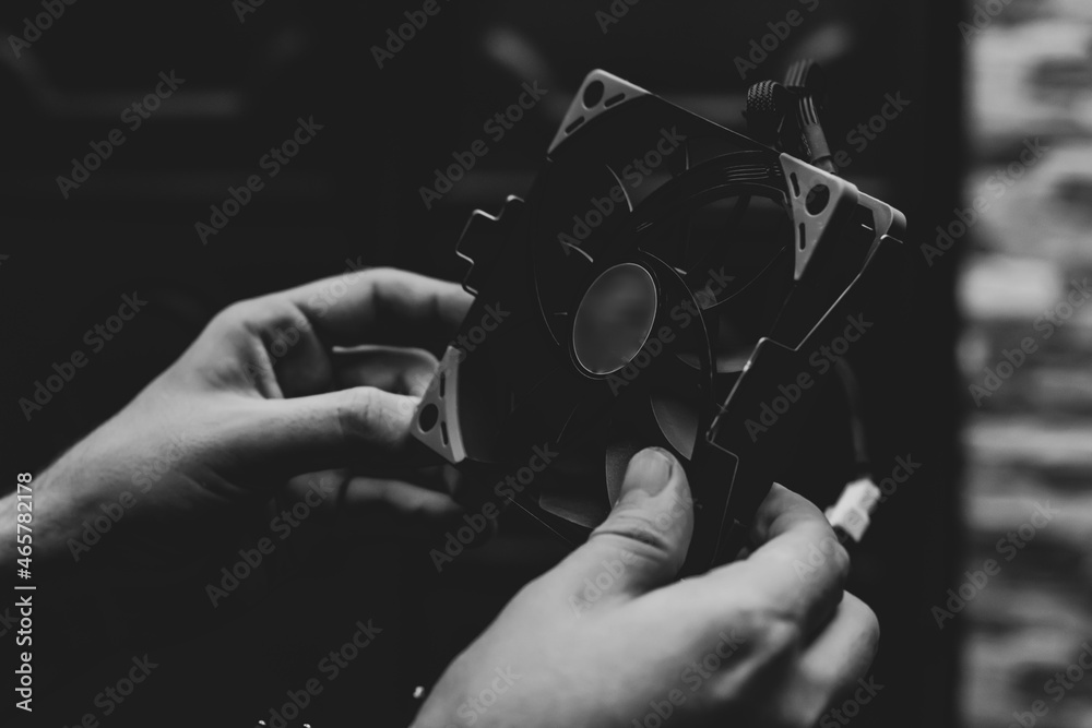 Case computer black fan close-up background. Upgrade or PC assembly ...