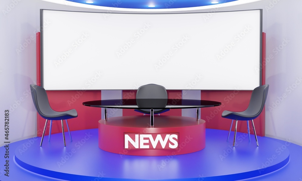 red table on stand with led screen background in a news studio room.3d ...