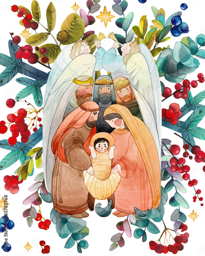 Christian Christmas illustration "Nativity scene": Mary, Joseph, baby ...