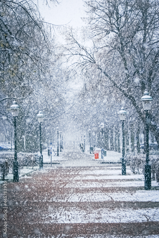 Winter and snow on Kungsgatan in Malmo, Sweden, seen from ...