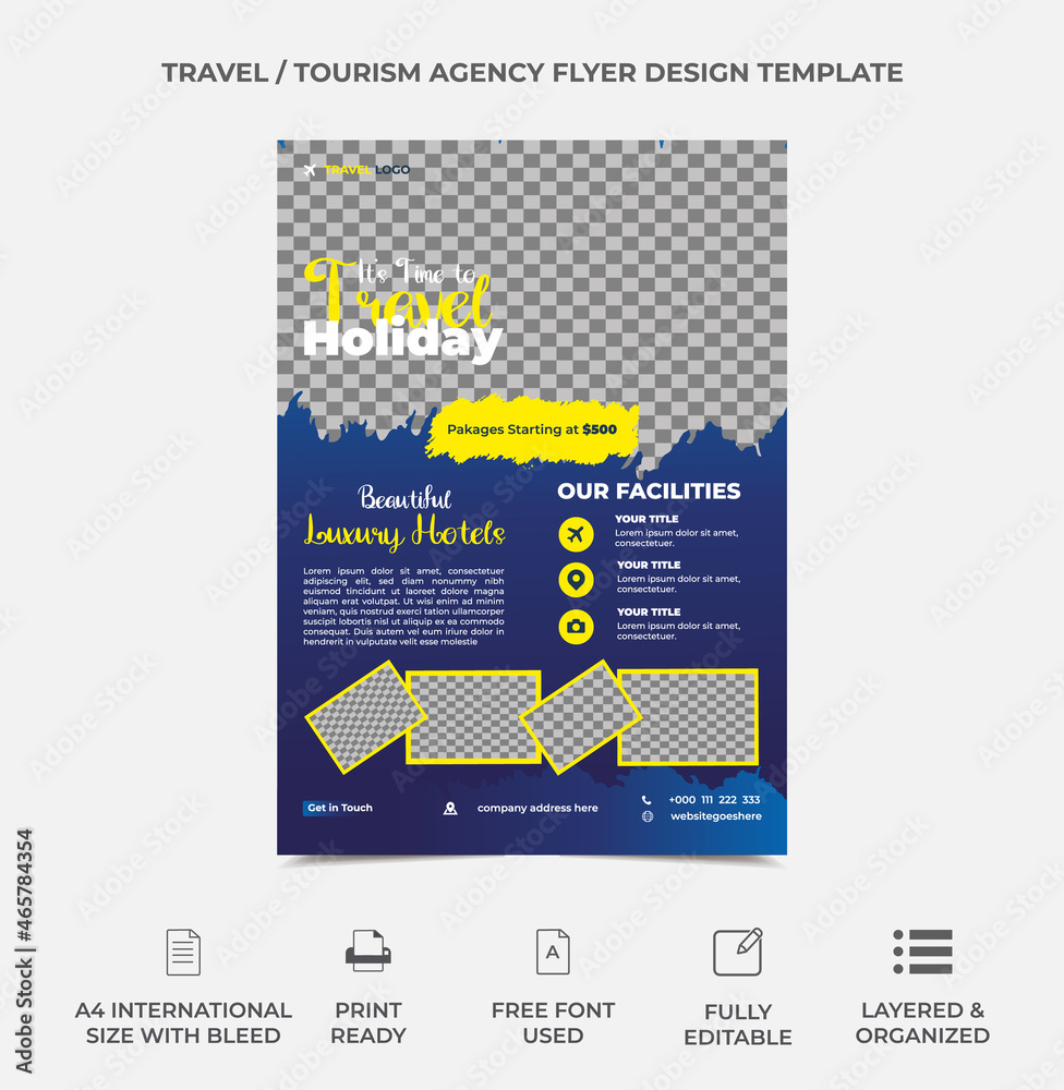 travel flyer template design for travel and tourism industry, blue ...