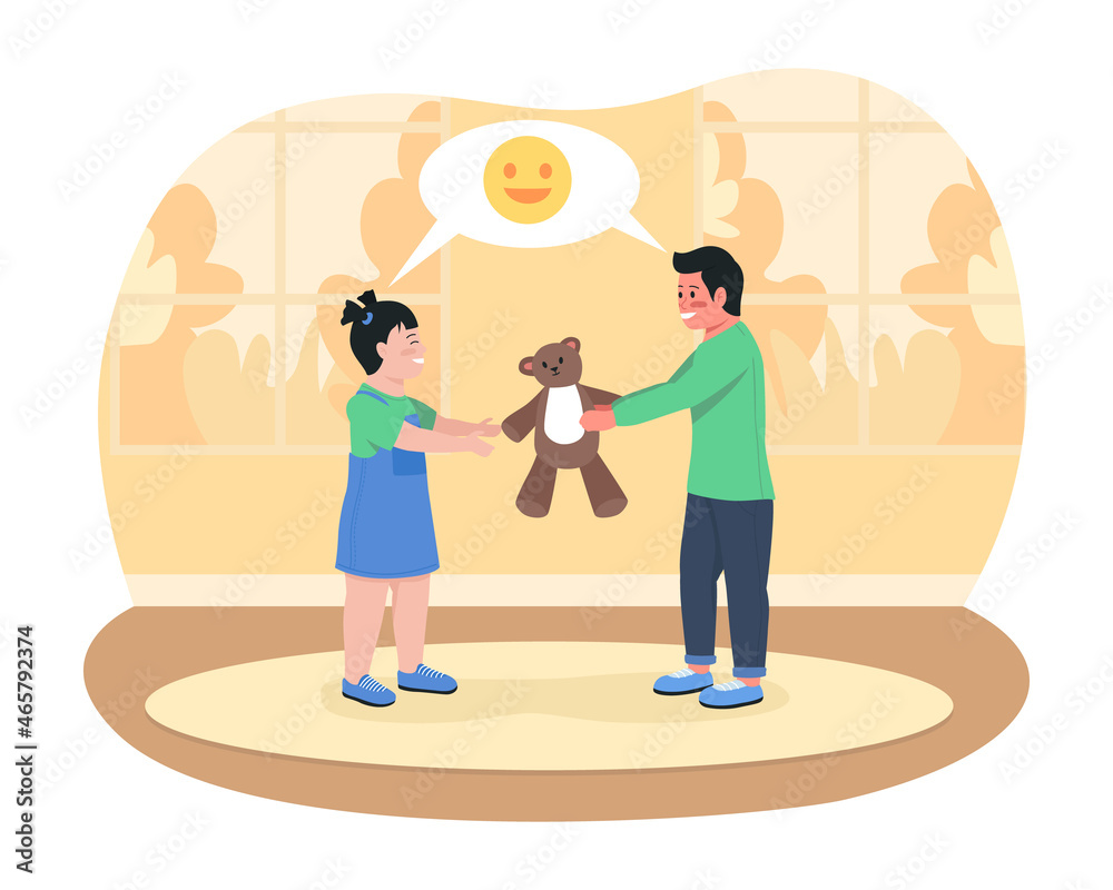 Kids sharing toy 2D vector isolated illustration. Kindergarten children ...