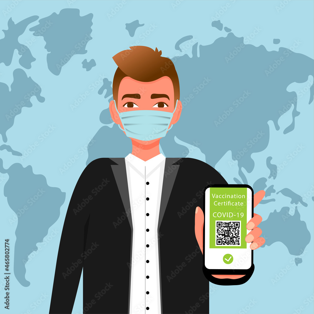 Vaccinated man and woman using digital health passports to travel ...