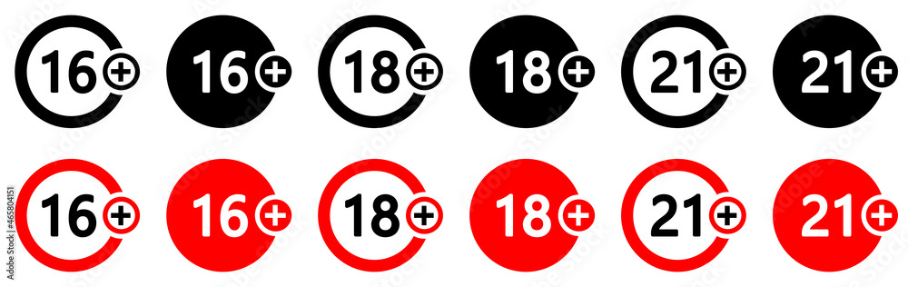 Set of age restriction signs in two colors. Age limit from 16 to 21 ...