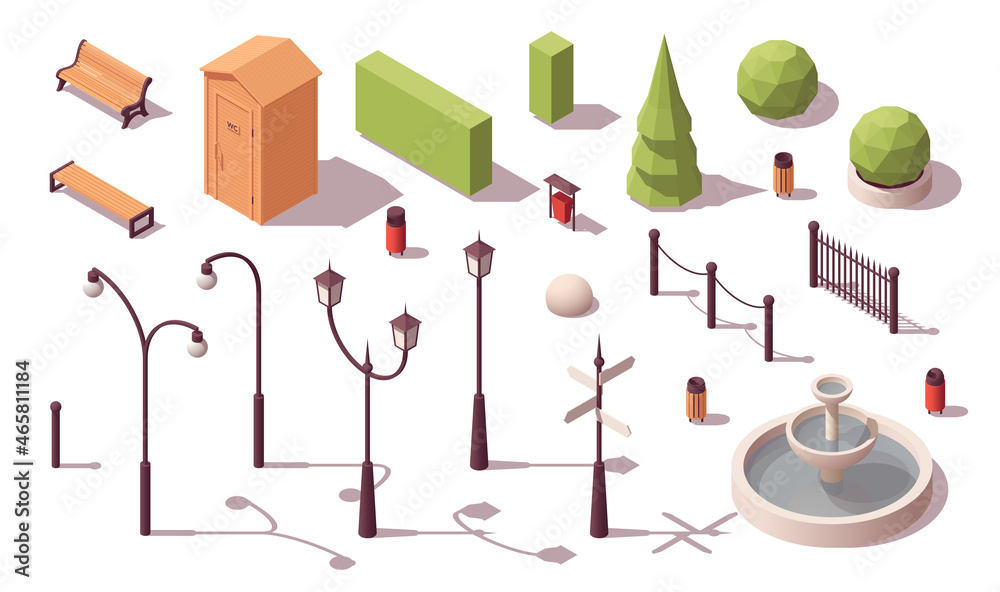Isometric collection of elements for park. Isolated objects on white ...