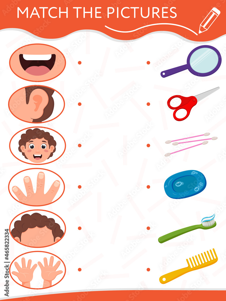 Matching game for children. Find a couple of body parts and hygiene ...