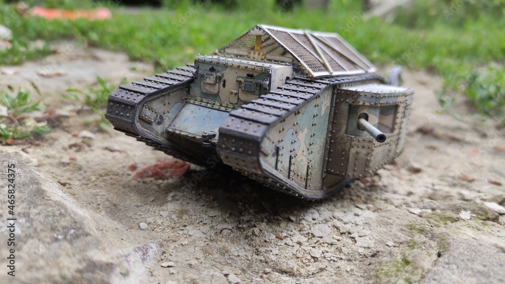 An English toy tank from the First World War. Mark I, the combat ...