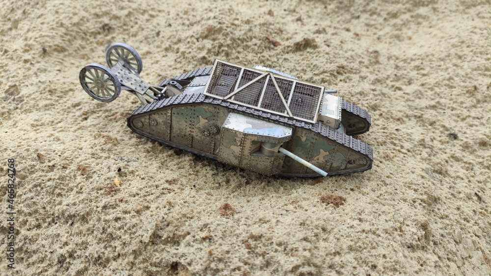 An English toy tank from the First World War. Mark I, the combat ...