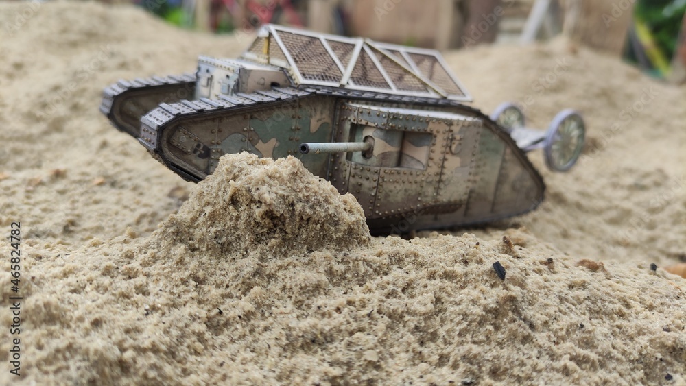 An English toy tank from the First World War. Mark I, the combat ...