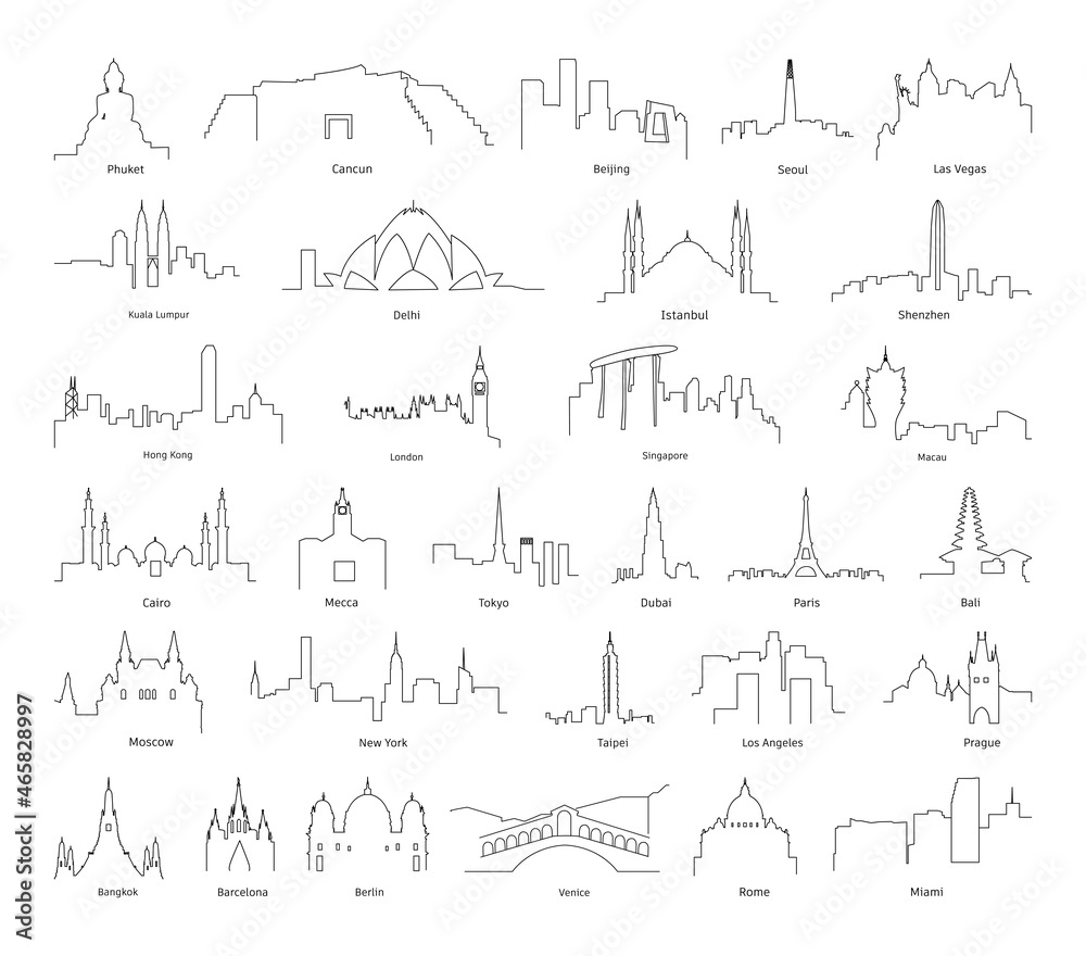 Collection of linear panoramas of cities of different countries. Stock ...