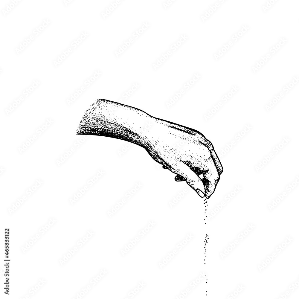Humans hand pinching sea salt. Sprinkling spices. seasoning line art of ...