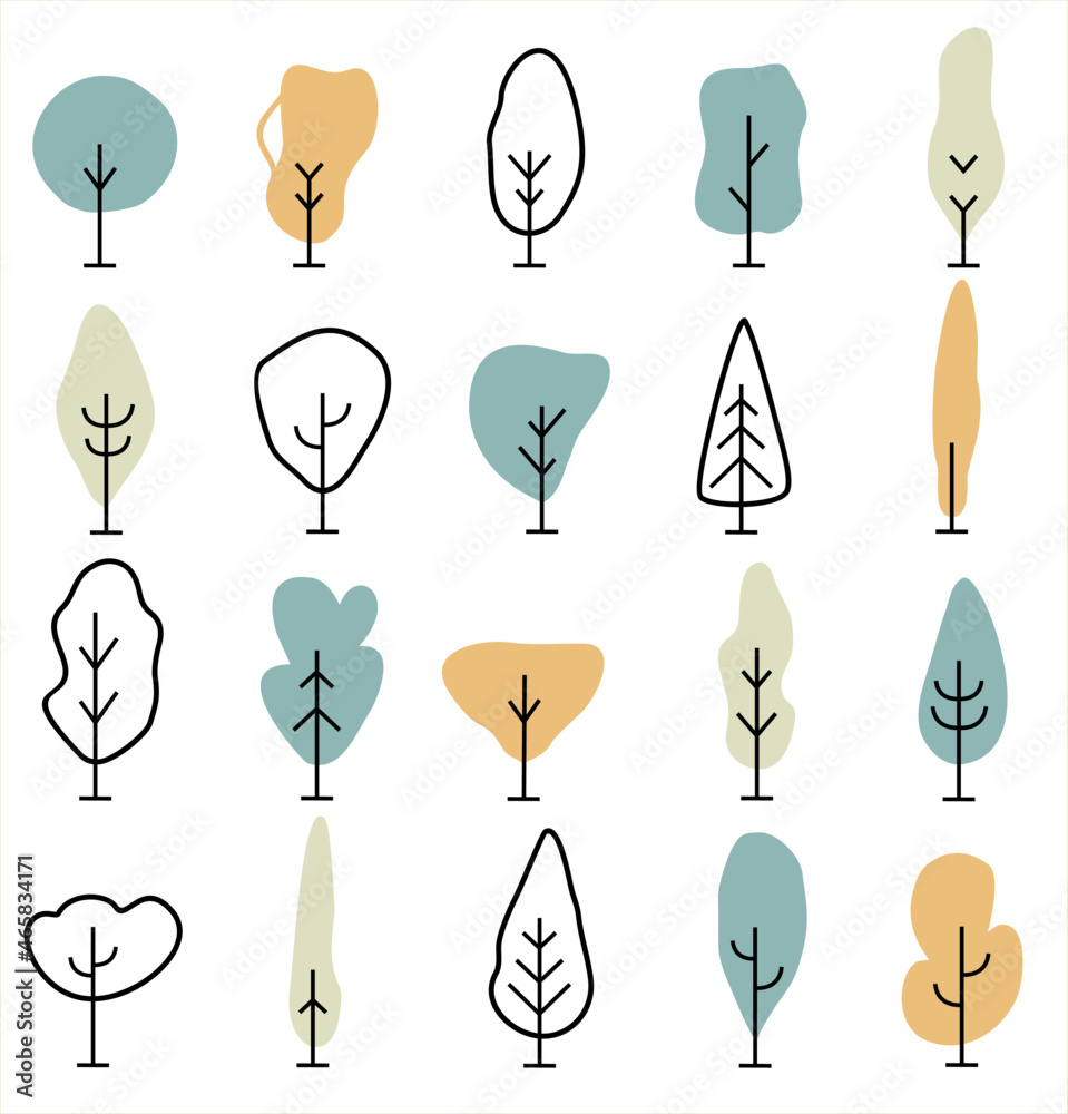 Big set of various trees. Forest, park, and garden tree linear signs ...