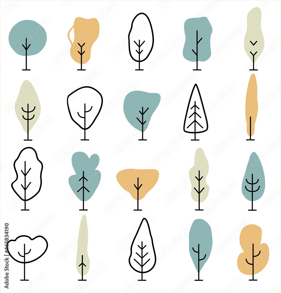 Big set of various trees. Forest, park, and garden tree linear signs ...
