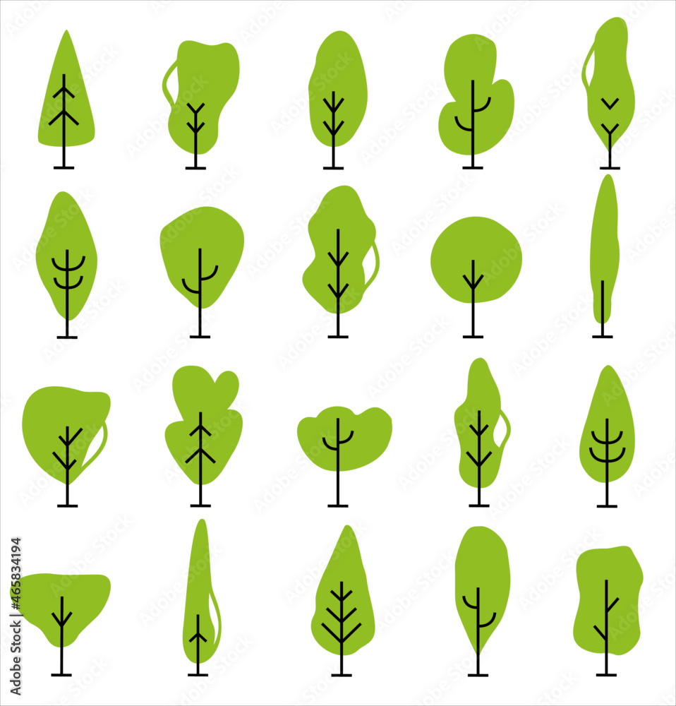 Big set of various trees. Forest, park, and garden tree linear signs ...