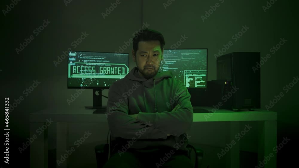 Isolated Handsome Asian Hacker Sitting in His Dark Bedroom Facing the ...