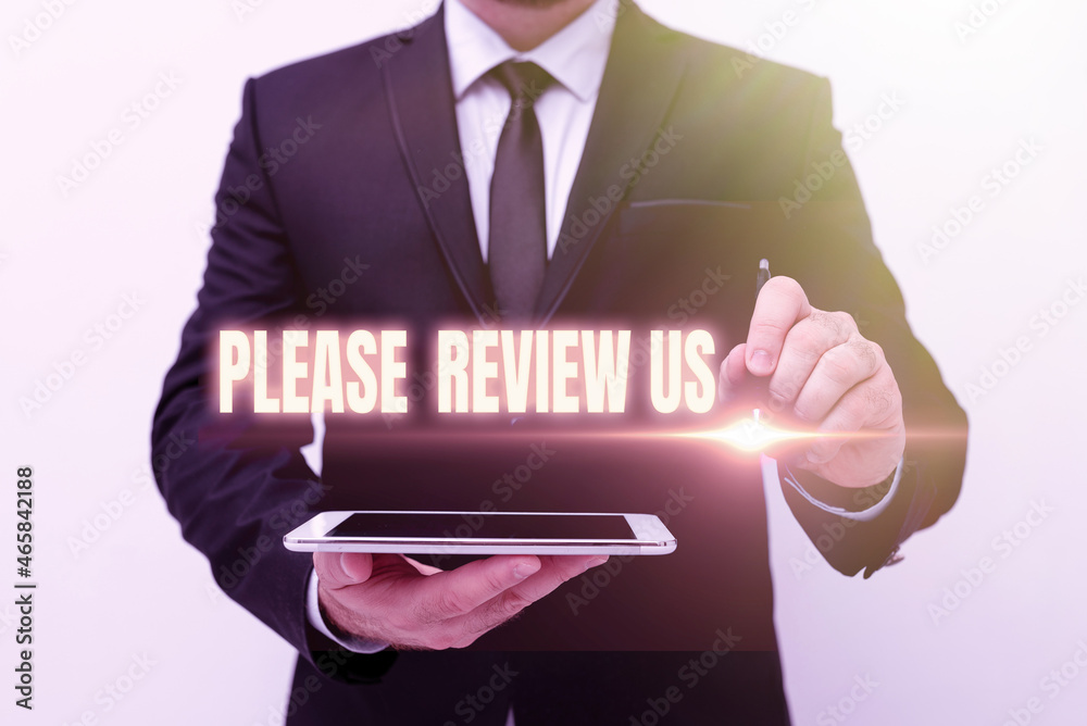Conceptual caption Please Review Us. Business idea situation or system ...