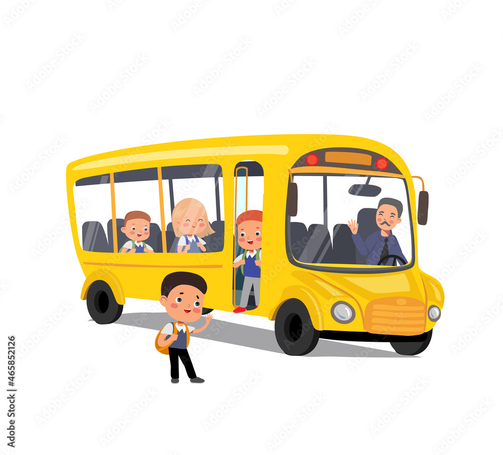 Vector cartoon yellow school bus with pupil Stock Vector | Adobe Stock