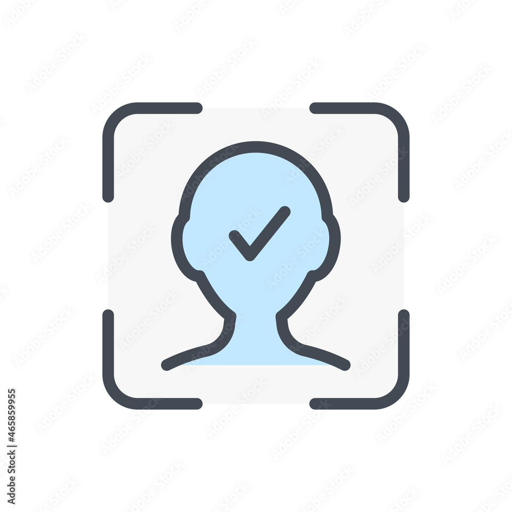 Face identification with tick color line icon. Biometric scan and face ...