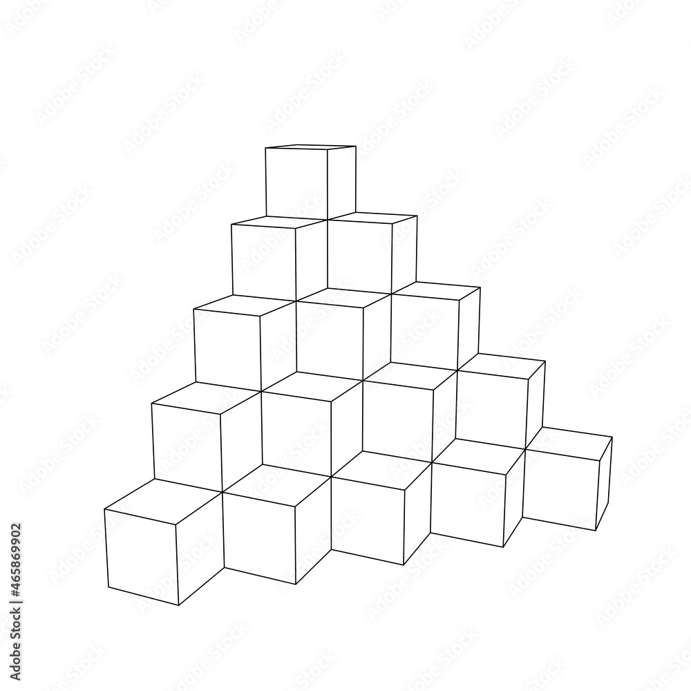 pyramid of stacked cubes, 3d outline black and white illustration ...